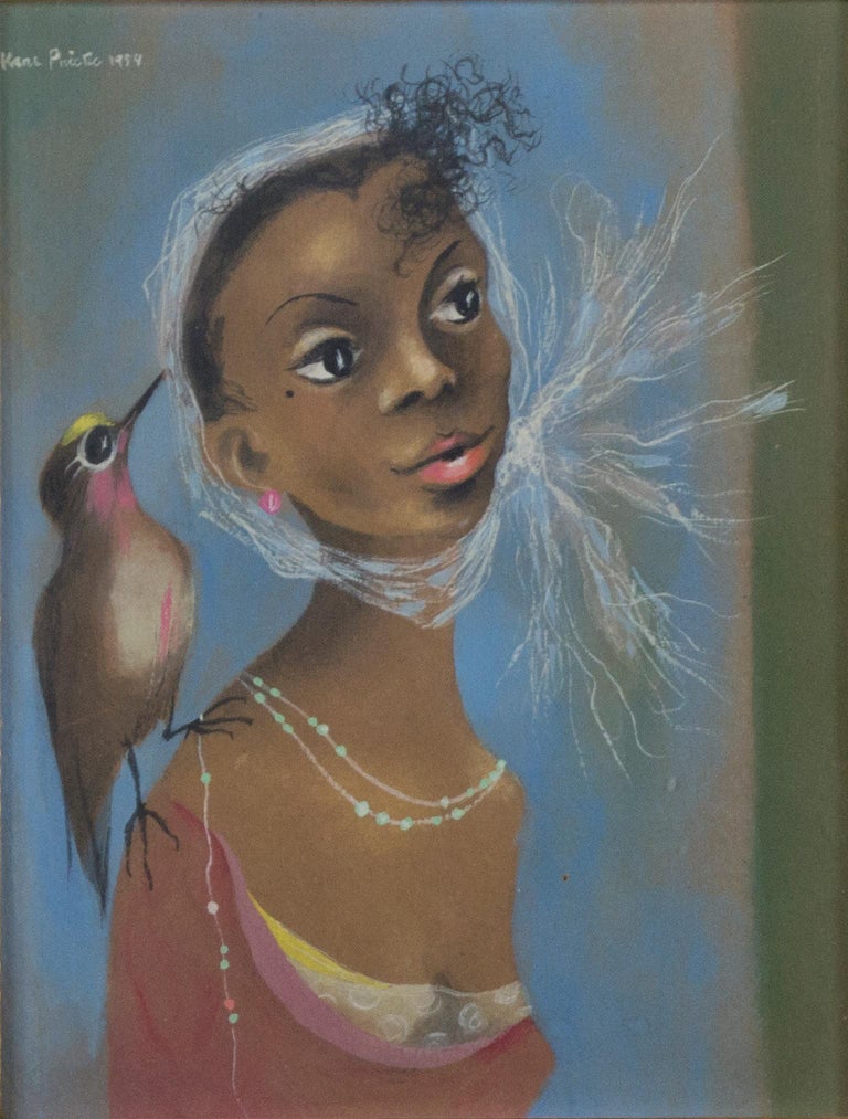 Karl Priebe - "Young Girl (Girl with Bird)," Original Gouache on Paper ...