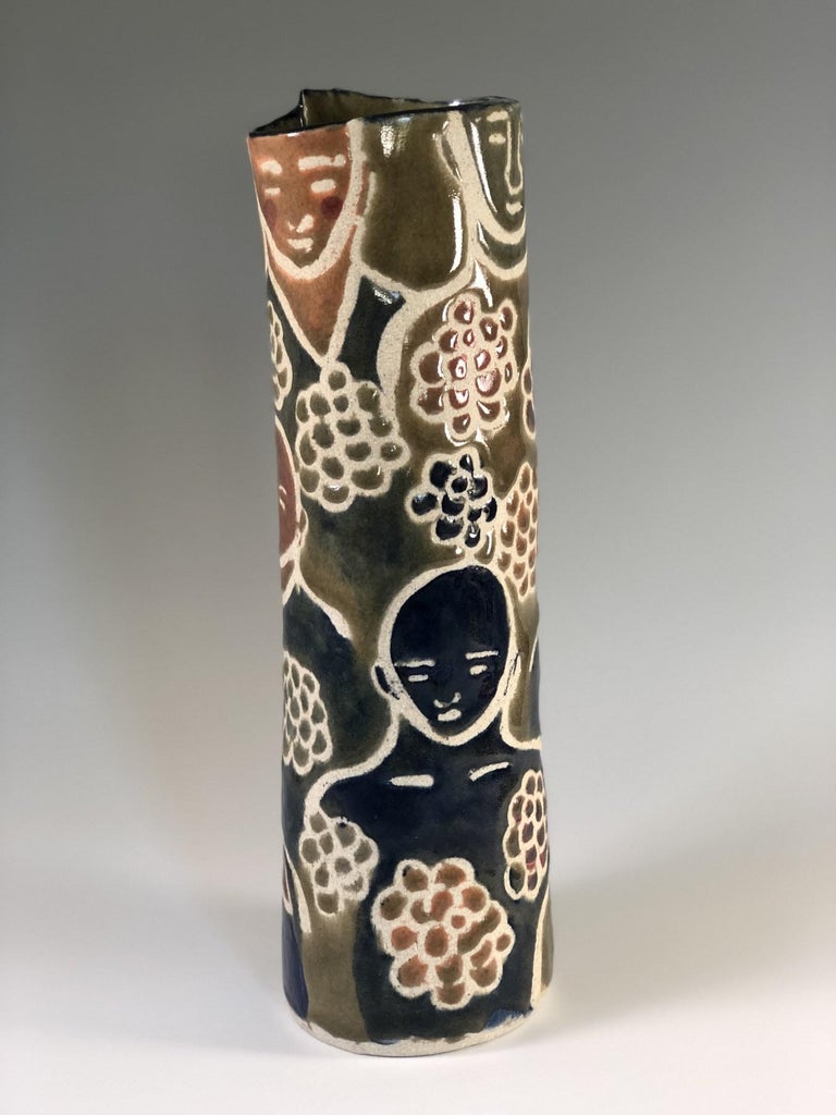 Elizabeth Currer - Tall Cylinder with People and Flowers at 1stDibs