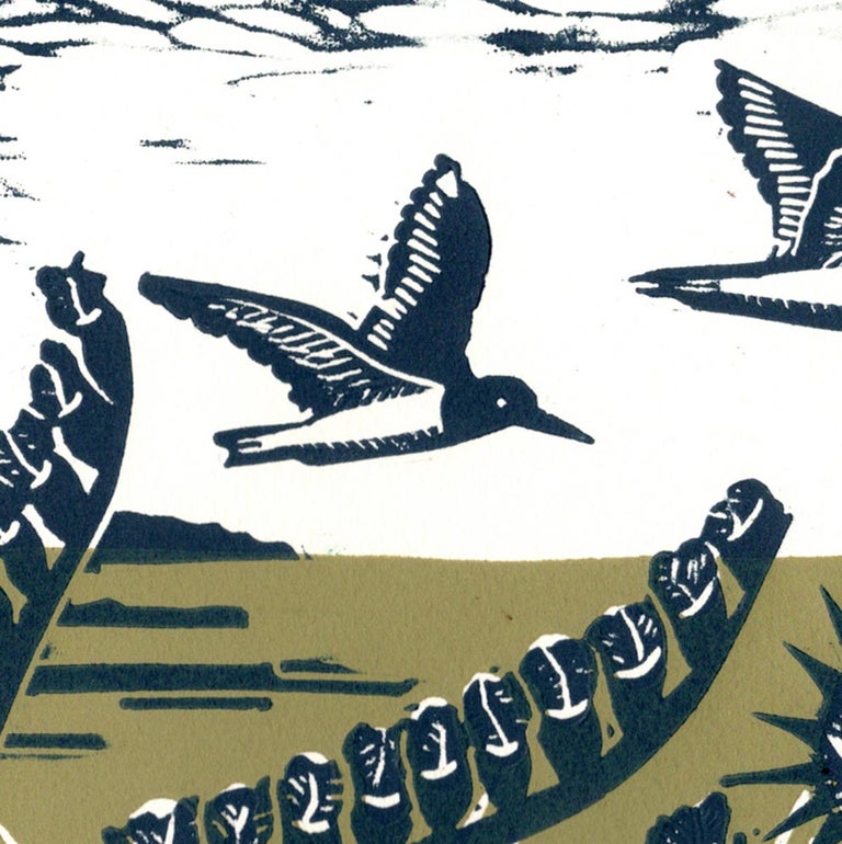 Kate Heiss - Oystercatchers Over Holkham by Kate Heiss, Linocut ...