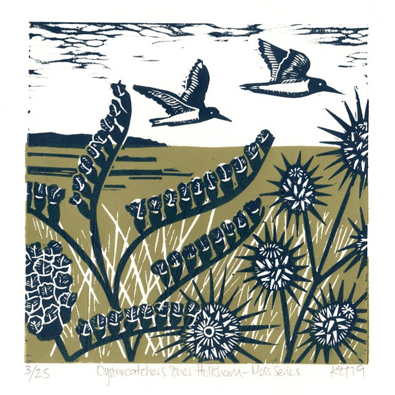 Kate Heiss - Oystercatchers Over Holkham by Kate Heiss, Linocut ...
