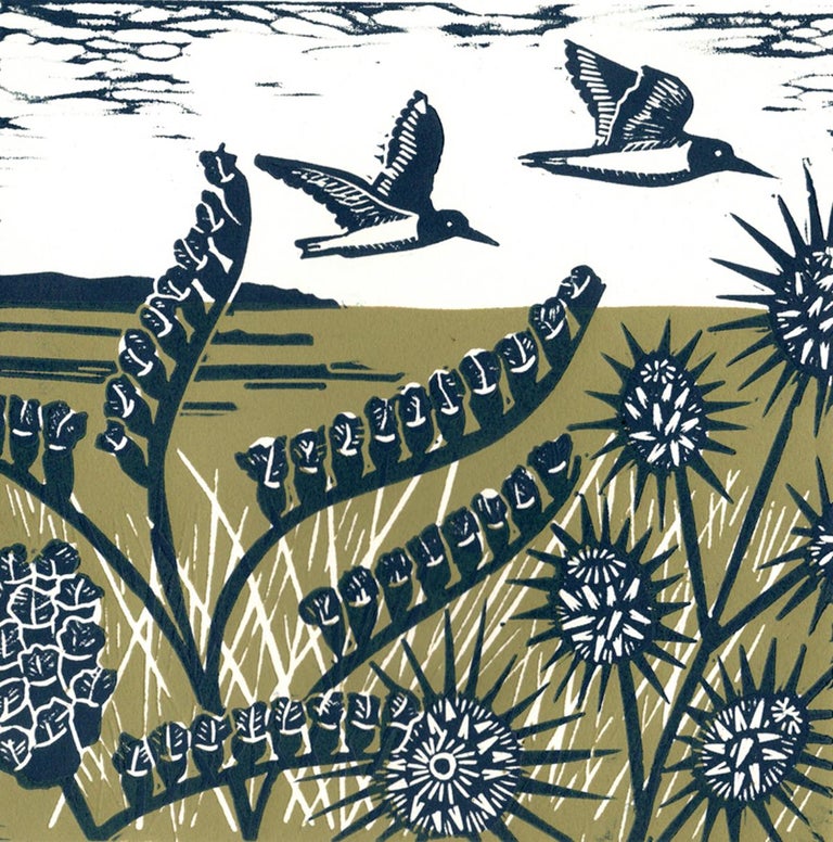 Kate Heiss - Oystercatchers Over Holkham by Kate Heiss, Linocut ...
