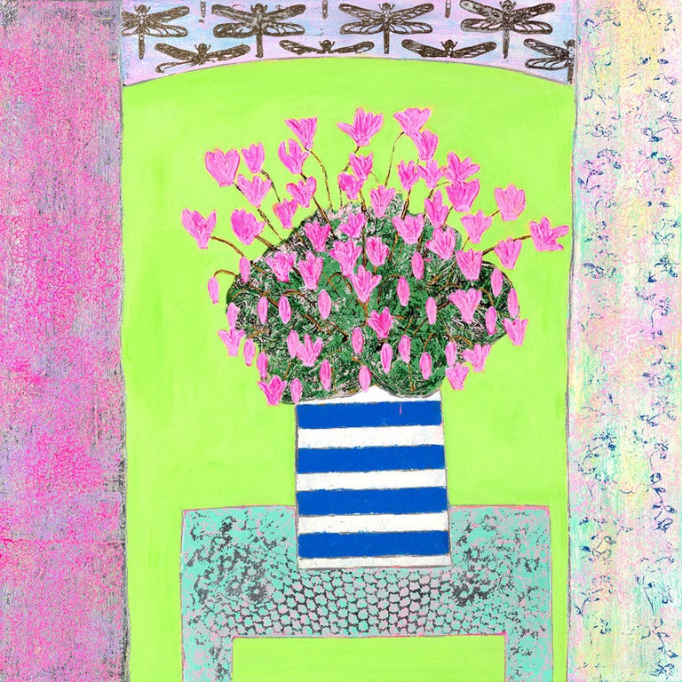 Amy Christie - Amy Christie, Pink Cyclamens on Lime Green, Original ...