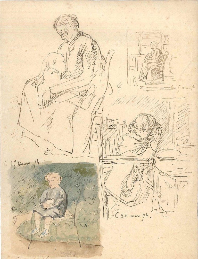 Eugénie Morin - Maternity - Original China Ink Drawing by E. Morin ...