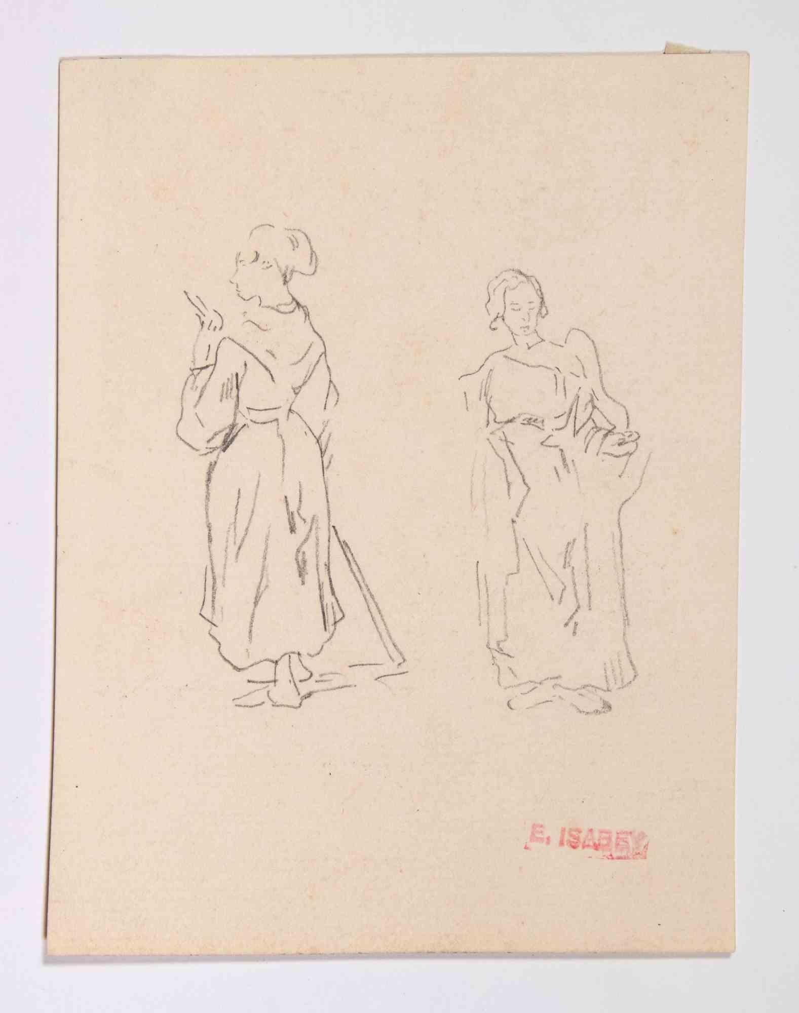 Louis Gabriel Eugene Isabey - Two Figures - Original Drawing by Eugène ...