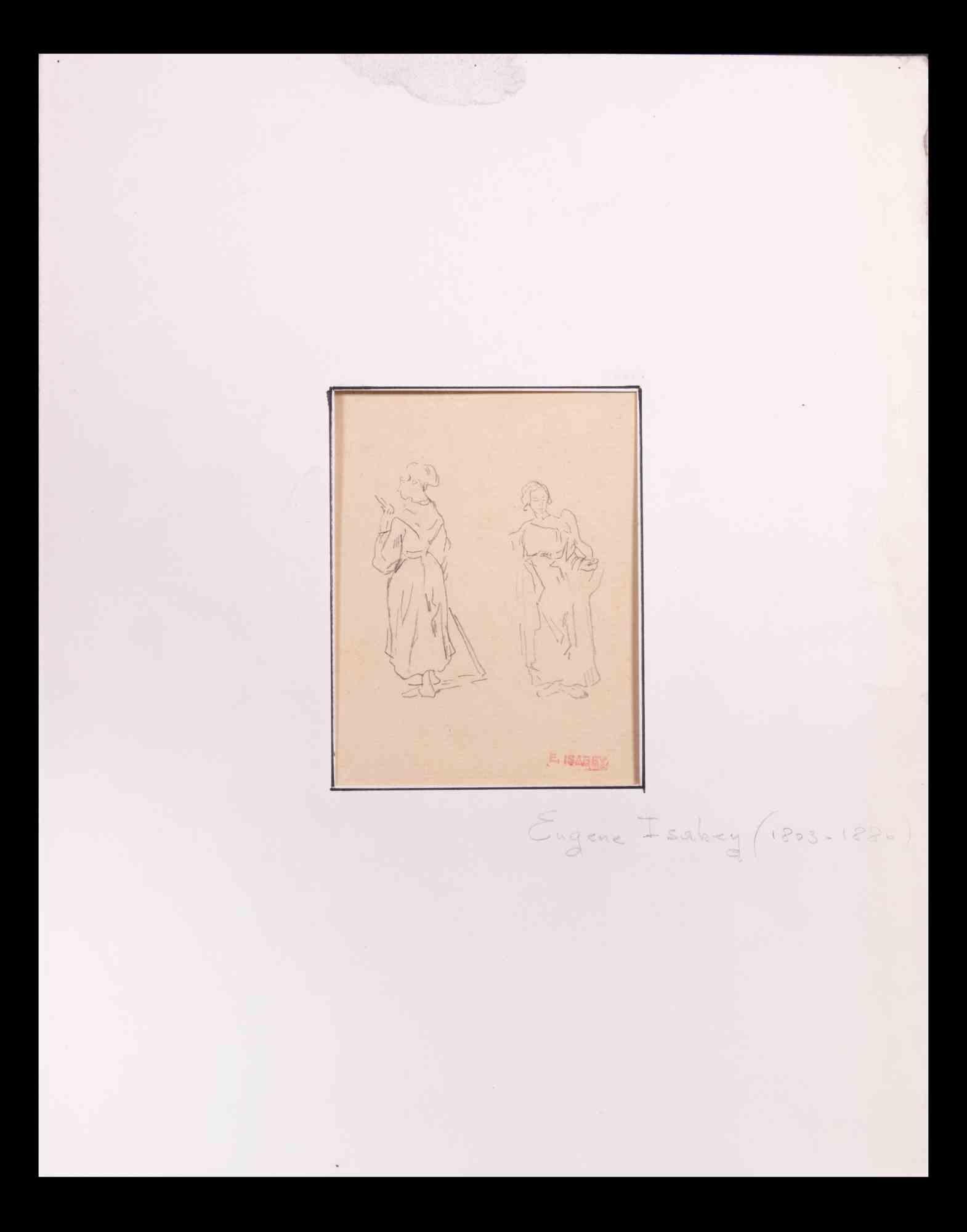 Louis Gabriel Eugene Isabey - Two Figures - Original Drawing by Eugène ...