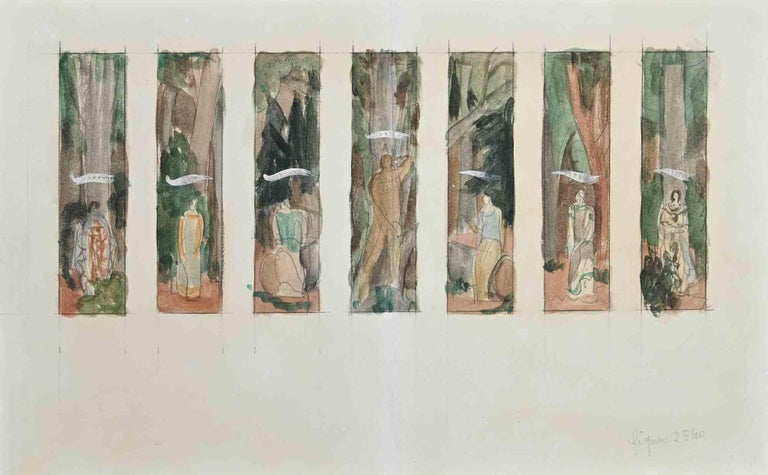 Unknown - Figures With The Trees - Original Drawing - 1950s For Sale at ...