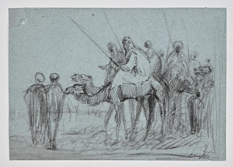 Edouard Dufeu - Bedouins With Camels - Original Drawing in Pen By ...
