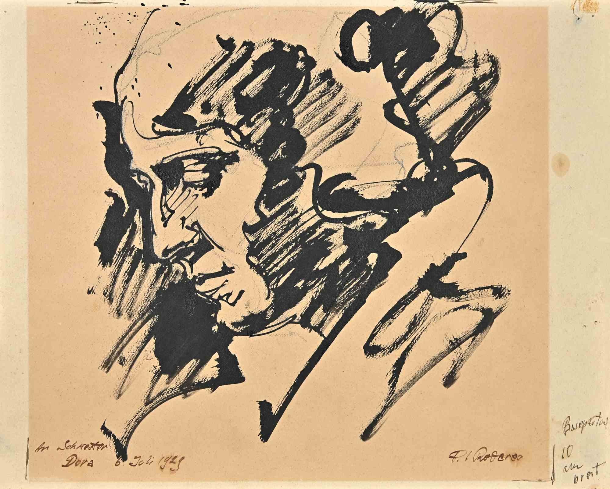 Unknown - Portrait - Black Marker Drawing - 1950s For Sale at 1stDibs