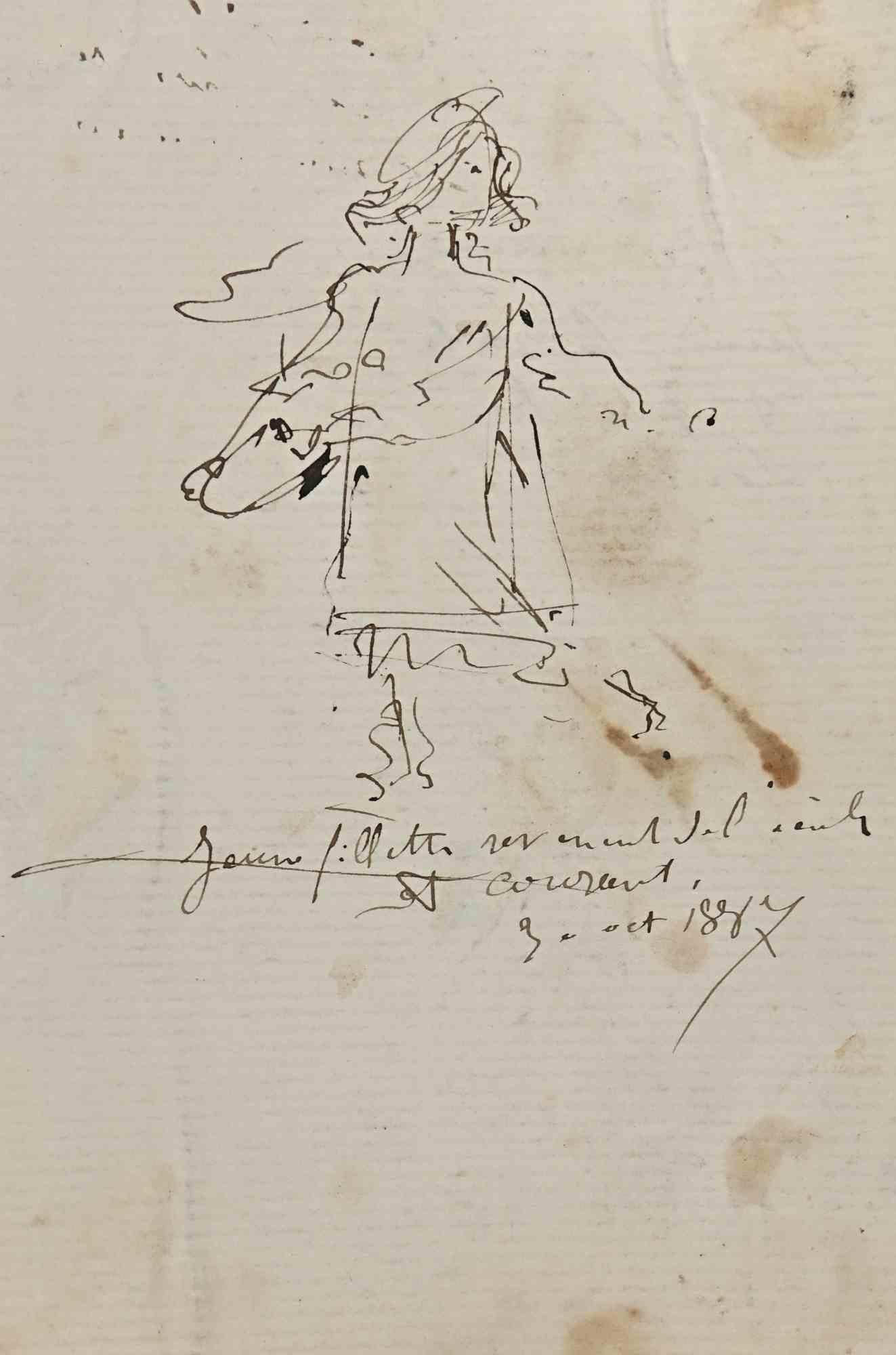 Henri Lehmann - The Bird - Original Drawing by Henri Lehmann - 19th ...