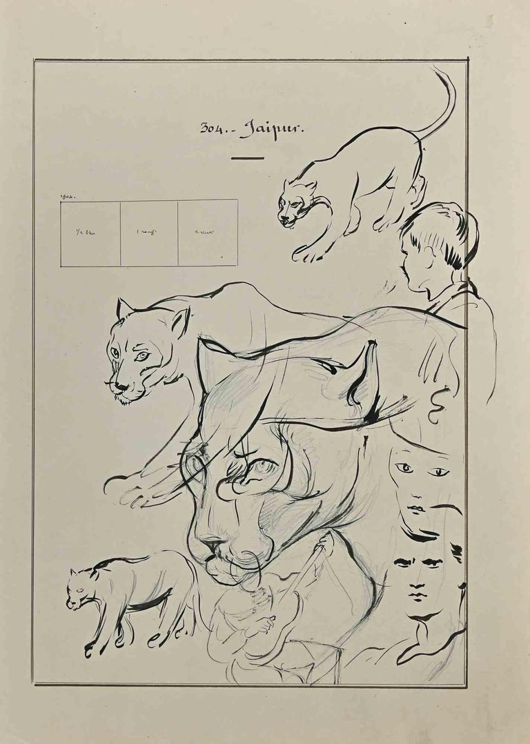 Norbert Meyre - Playing - Drawing in Ink By Norbert Meyre - Early 20th ...