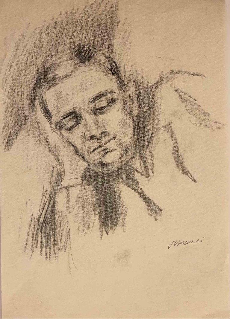 Mino Maccari - Portrait of Sleeping Man - Drawing by Mino Maccari - Mid ...