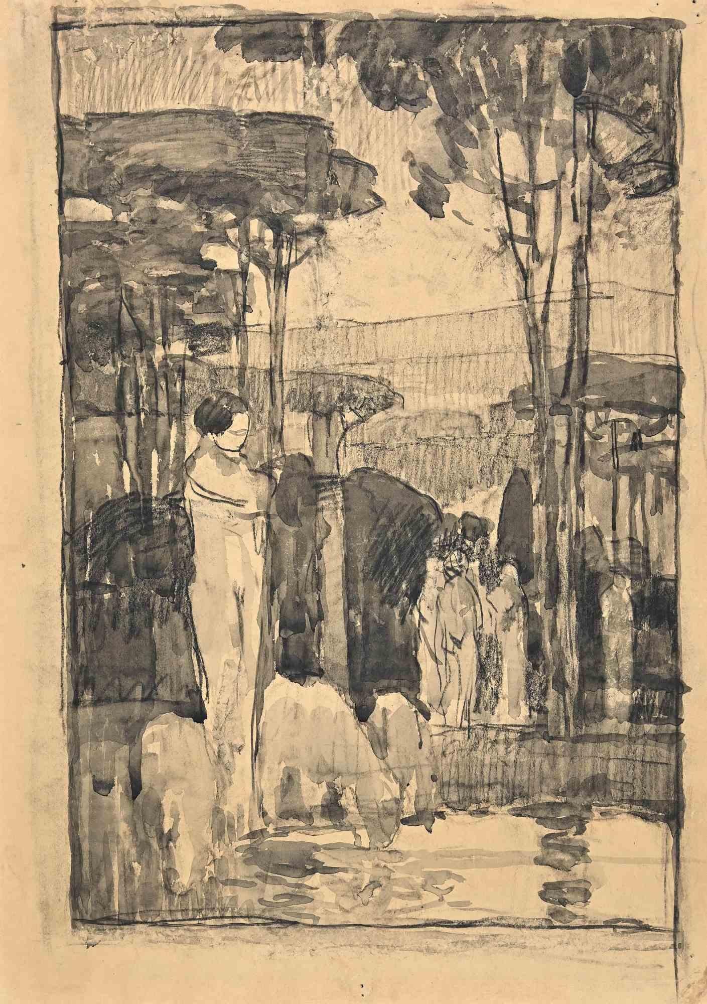 Gustave Bourgogne - El jardín del Edén - Dibujo a lápiz y acuarela ...