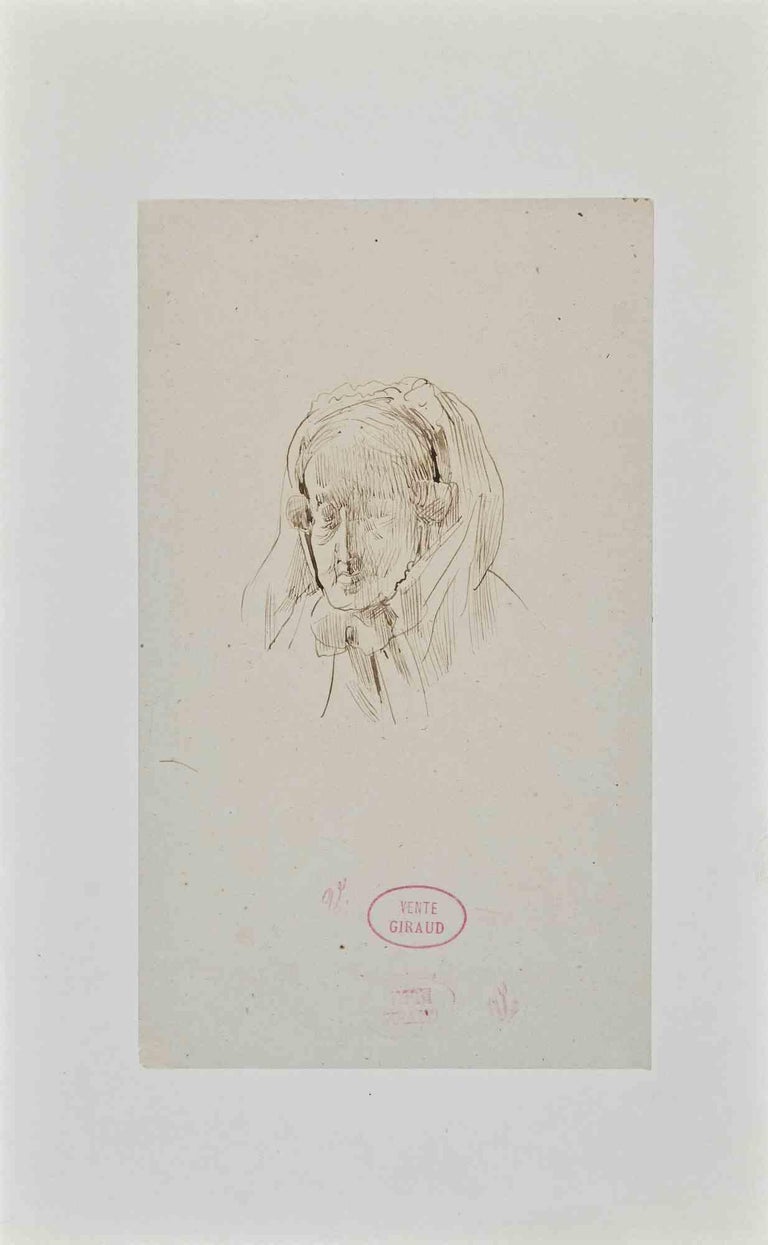 Eugène Giraud - Portrait d'une vieille femme - Dessin original d'E ...