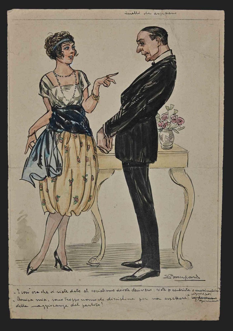 Luigi Bompard - Those Who Wait - Ink and Watercolor Drawing by Luigi ...