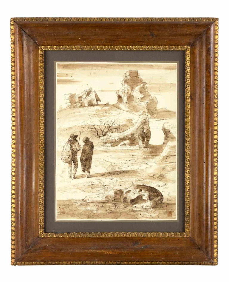 Eugene Berman - Landscape with Figures - Drawing by E. Berman - Mid ...