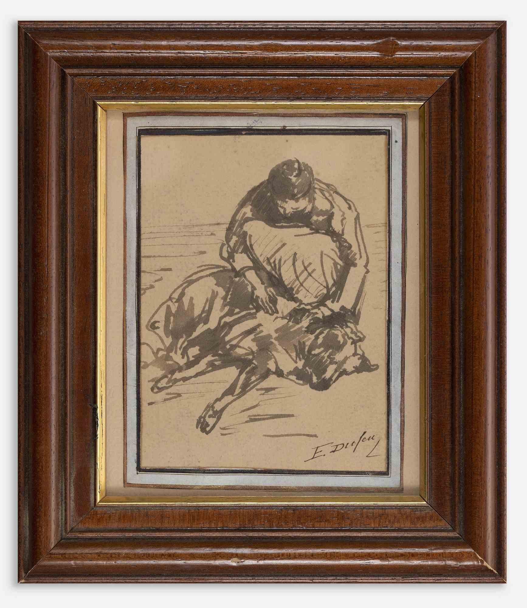Edmond Dufeu - Woman with Dog - Drawing by Edmond Dufeu - 19th century ...
