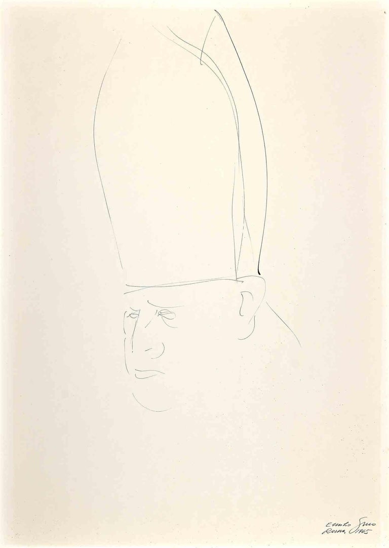 Emilio Greco - Posthomous Portrait of Pope John 23° - China Ink Drawing ...