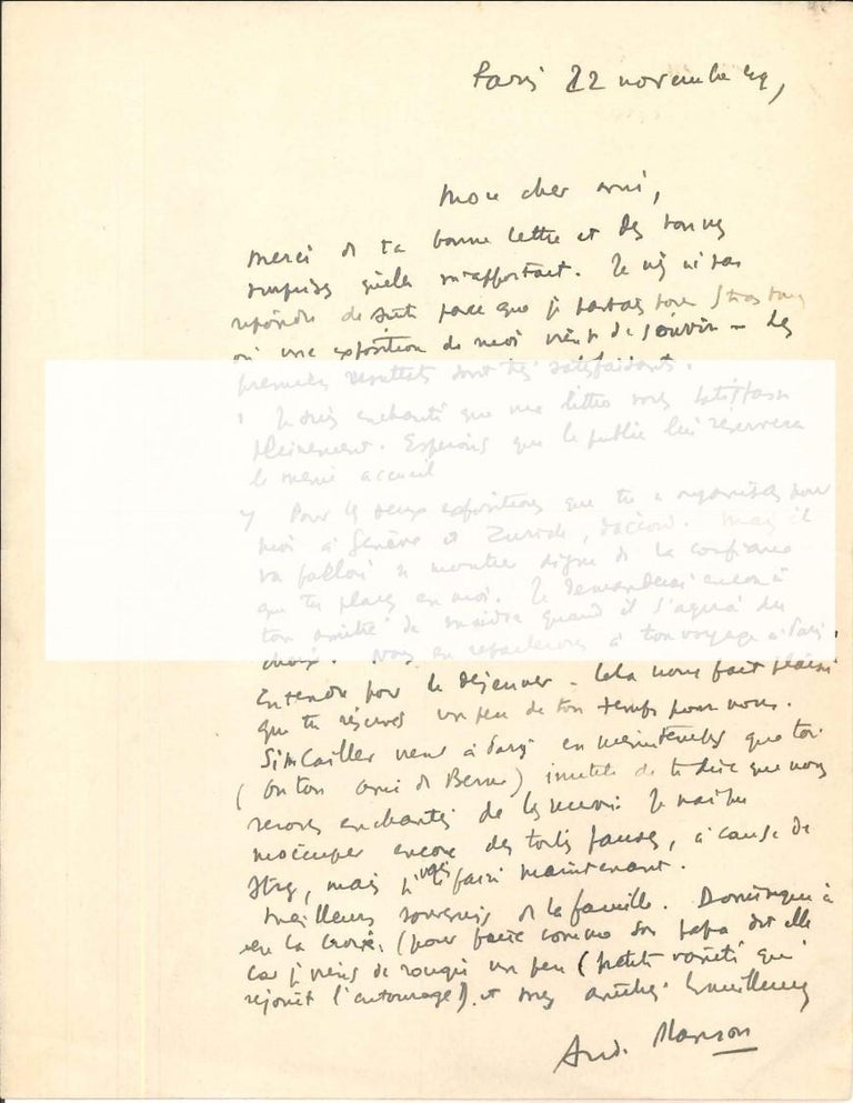 André Masson - Original Signed Letter by André Masson - 1940s ...