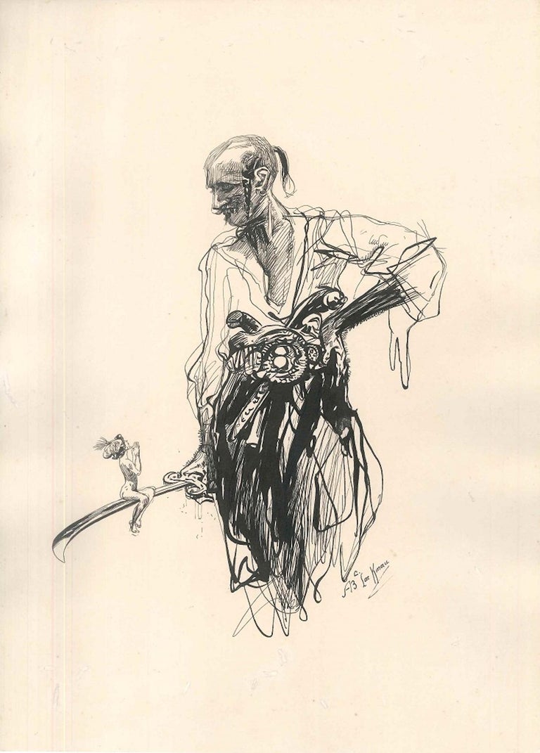Unknown - Pirate with Sword - Original Ink Drawing by Lac Man at 1stDibs