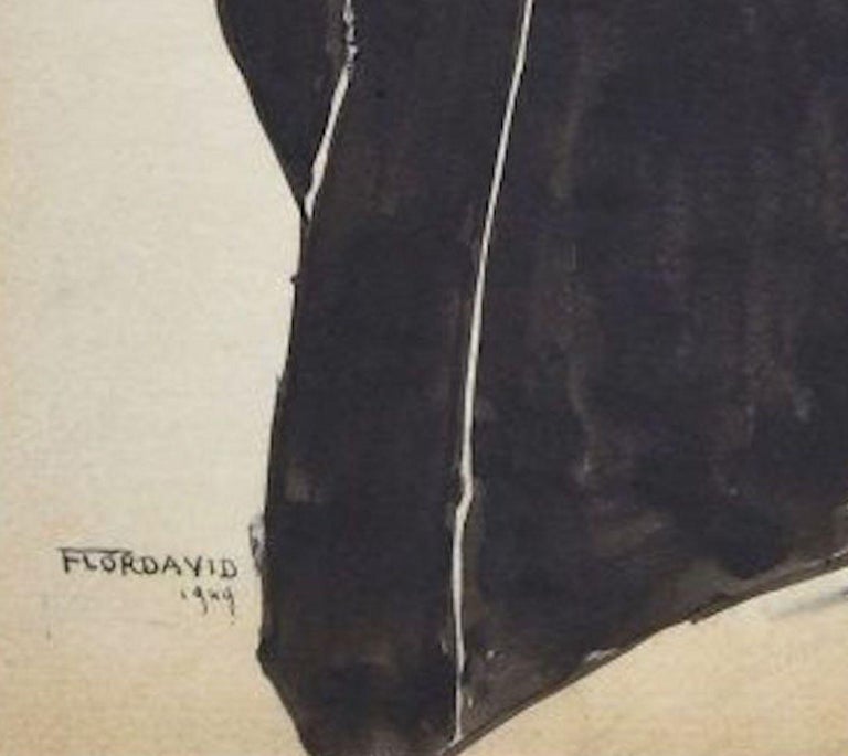 Flor David - Woman with Black Mantel - Ink and Watercolor Drawing by F ...