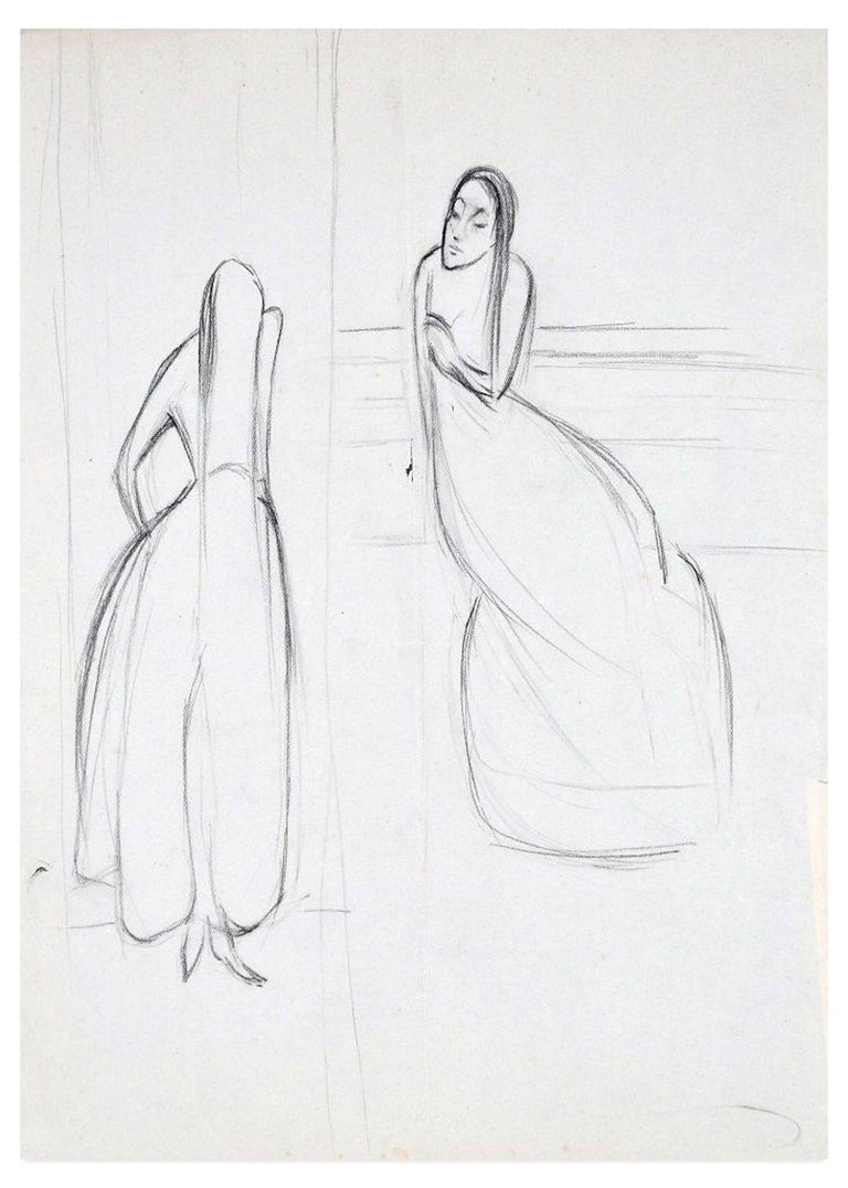 Flor David - Two Women - Charcoal Drawing by Flor David - 1950s For ...