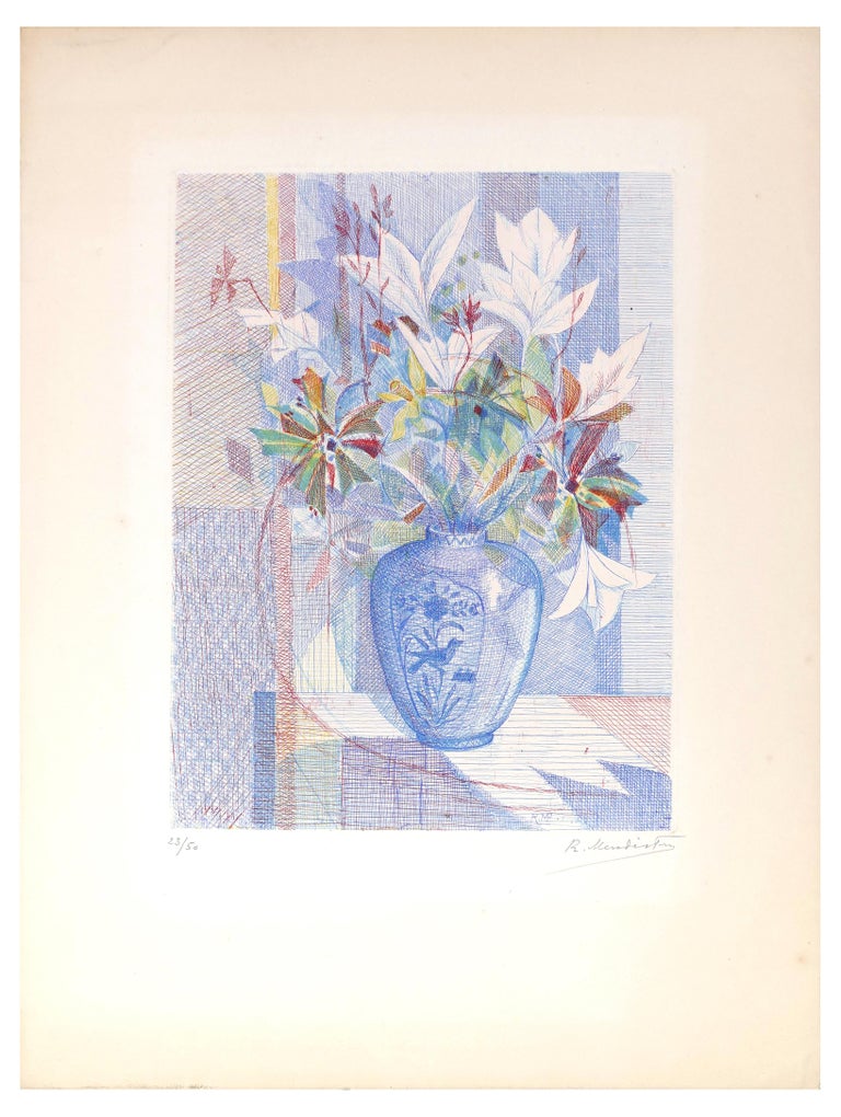 René Mendes France - Flower Vase - Etching by R. Mendes France - Mid ...