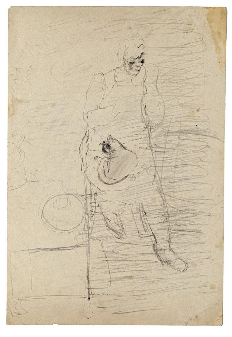 Jeanne Daour - Woman and Cat - Original Pencil by Jeanne Daour - 20th ...