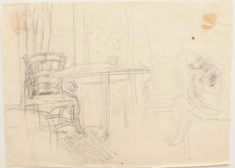 Jeanne Daour - Interior - Drawing In Pencil - 1940 For Sale at 1stDibs