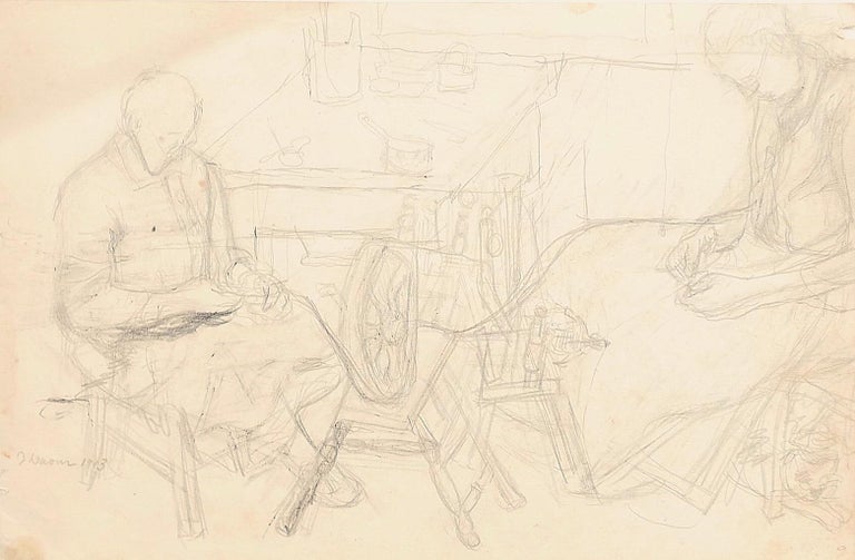 Jeanne Daour - Interior - Drawing In Pencil- 1943 For Sale at 1stDibs