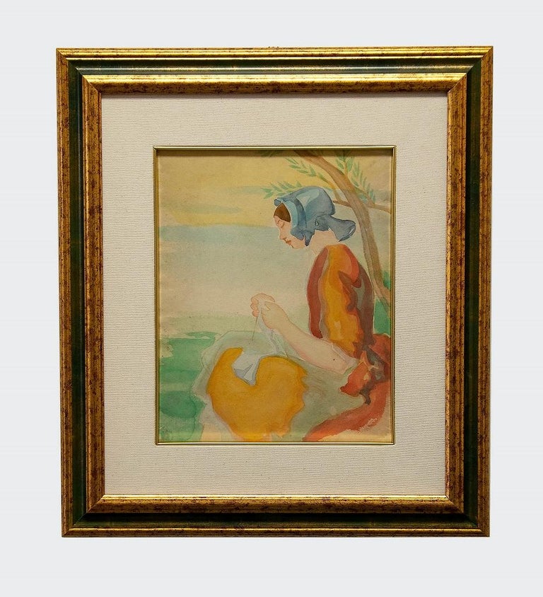 Jean Delpech - Woman at Embroidery - Original Watercolor on Paper by J ...