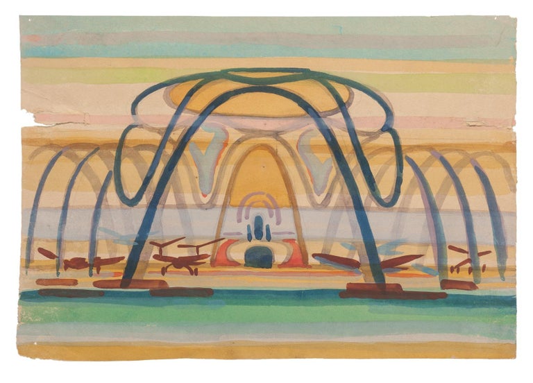 Jean Delpech - The Airport - Watercolor on Paper - Mid-20th Century For ...