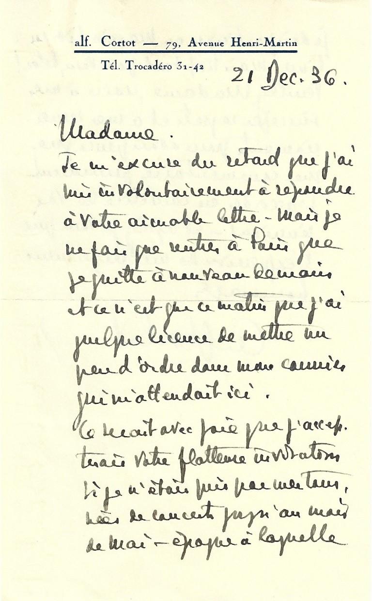 Alfred Cortot - Autograph Letter by Alfred Cortot - 1936 For Sale at ...
