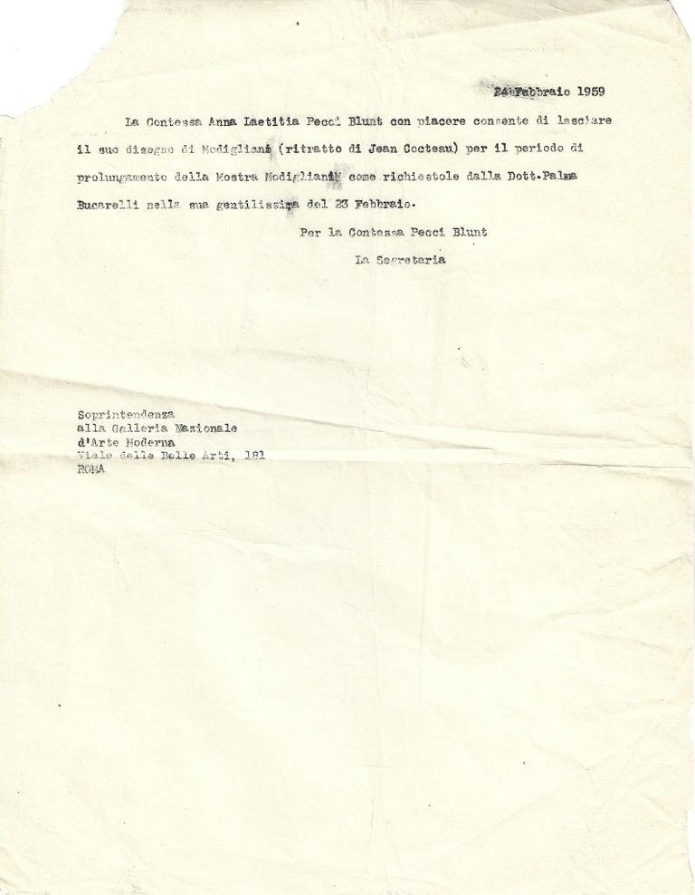 Palma Bucarelli - Letter about Modigliani Exhibition by Palma Bucarelli ...
