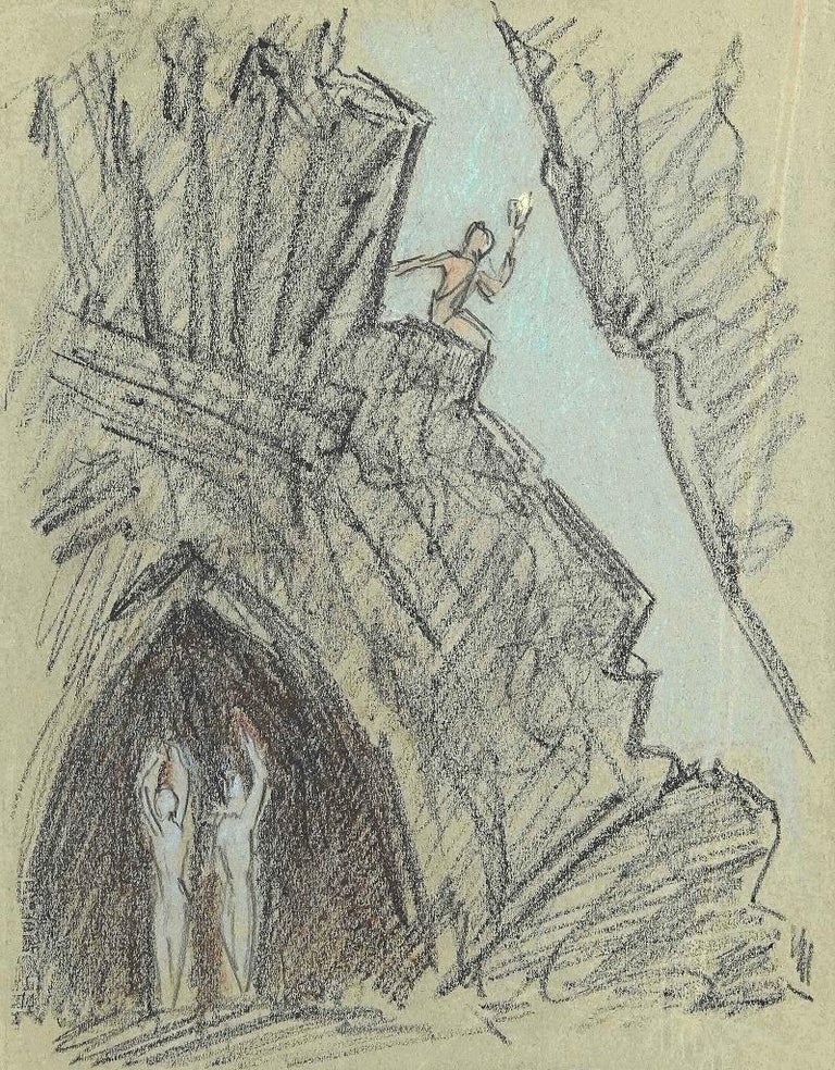 Unknown - The Descent into the Cave - Original Pencil and Pastel ...