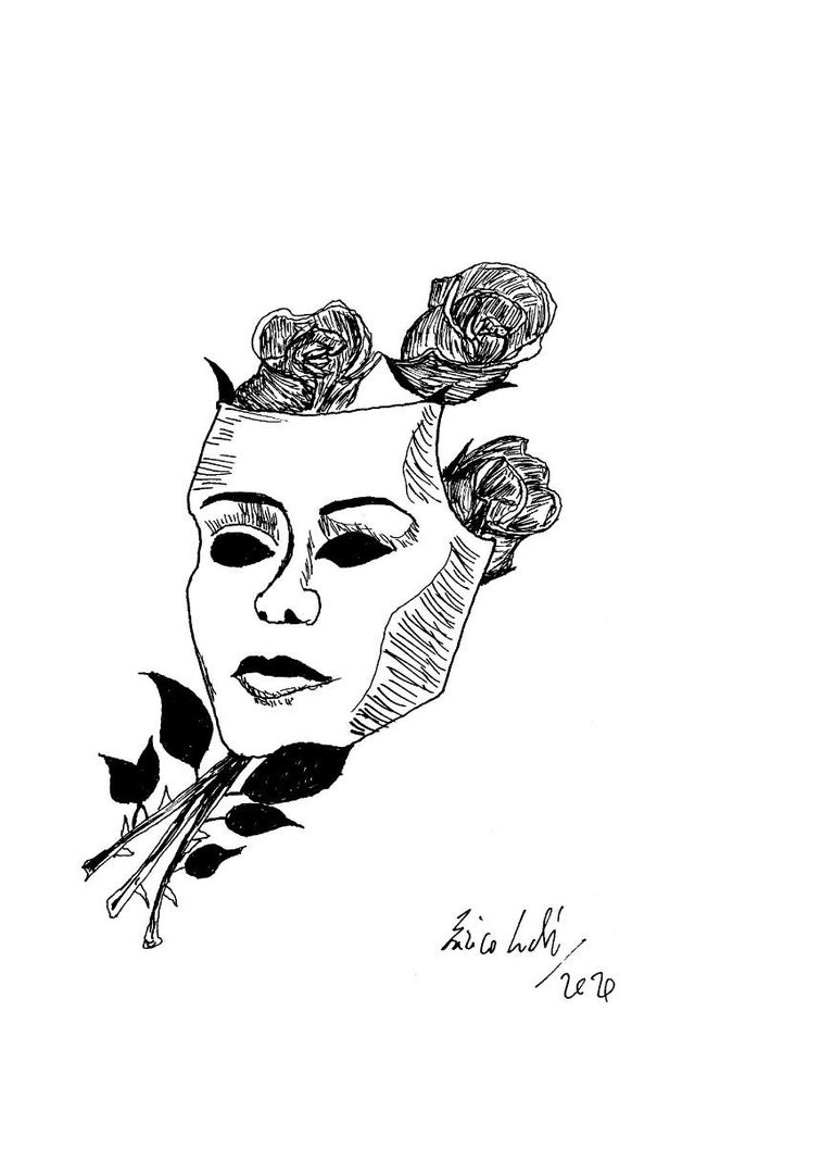 Enrico Josef Cucchi - Mask with Flowers - Drawing by Enrico Josef ...