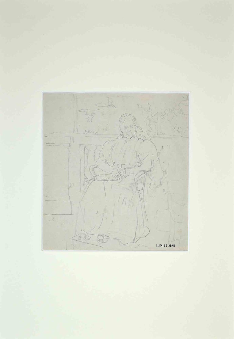 Louis Emile Adan - Portrait of a Lady on a Terrace - Drawing by L.E ...