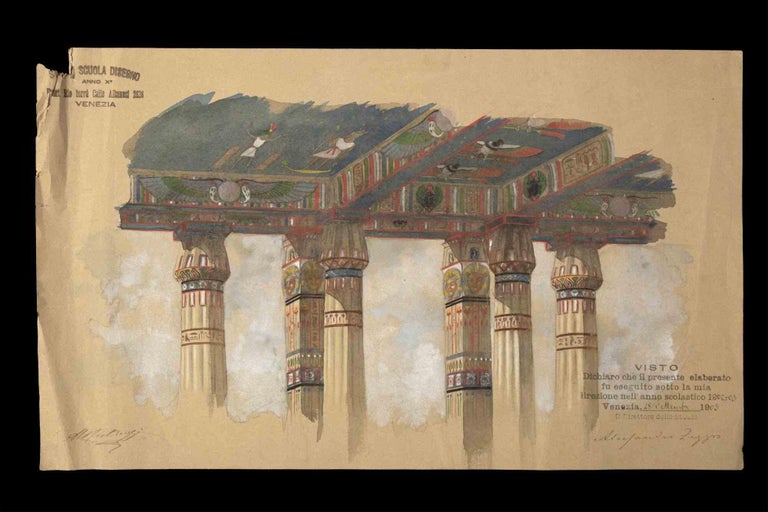 Unknown - Sketch of Egyptian Temple - Original Pastel Drawing - Early ...