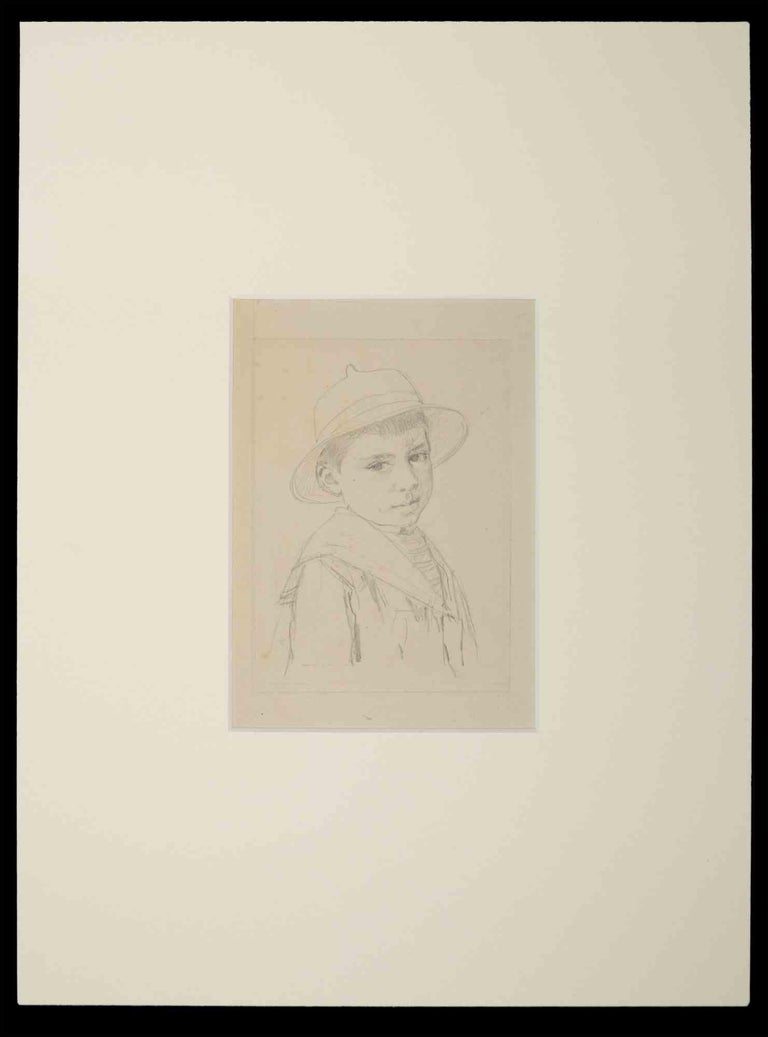 Louis Emile Adan - Portrait of Young Boy - Original Drawing by L.E ...