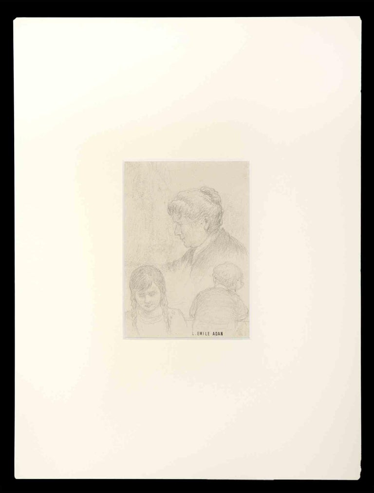 Louis Emile Adan - Portrait Grandmother with Nephews - Original Drawing ...