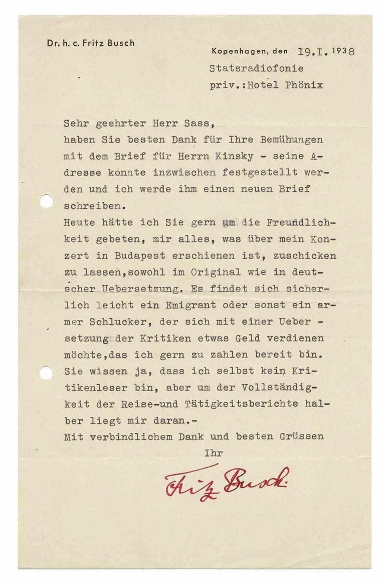 Fritz Busch - Typewritten Autograph Letter by Fritz Busch - 1930s For ...