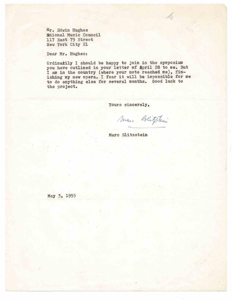Marc Blitzstein - Typewritten Letter Signed by Marc Blitzstein - 1955 ...