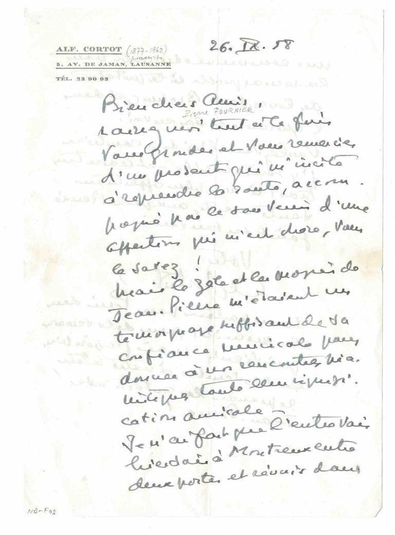 Alfred Cortot - Autograph Letter by Alfred Cortot - 1958 For Sale at ...
