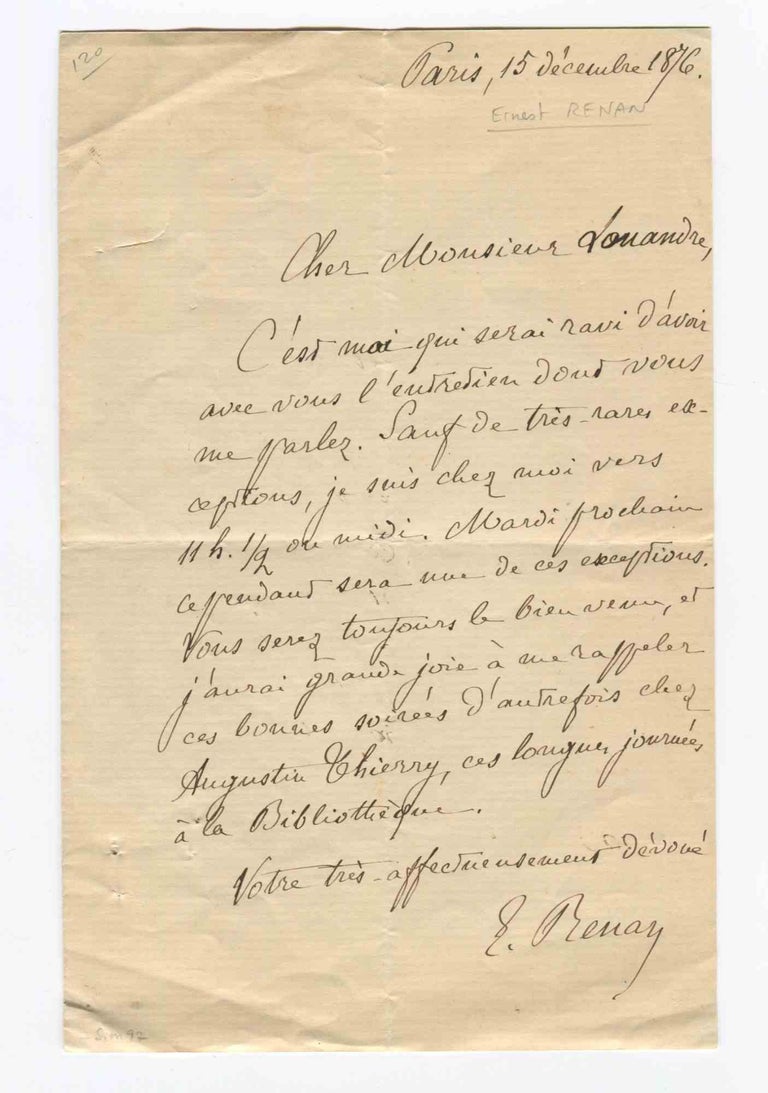 Ernest Renan - Autograph Letter Ernest Renan - 1876 For Sale at 1stDibs