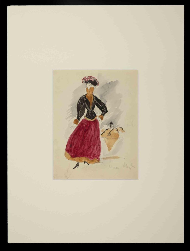 Unknown - Girl - Original Watercolour by Maurice Van Moppes - Mid-20th ...