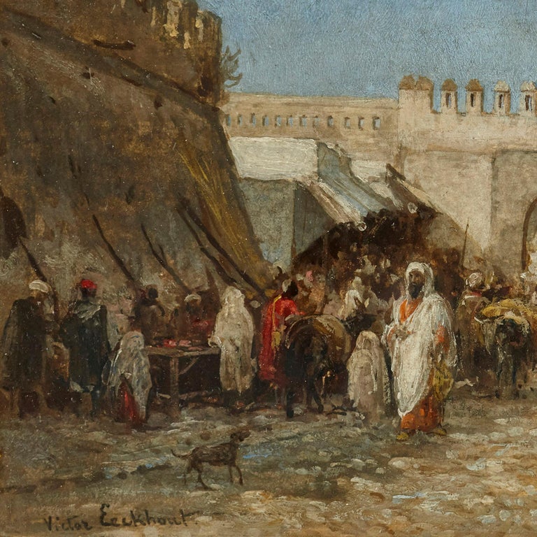 Victor Eeckhout - Oil on panel painting of market in giltwood frame by ...