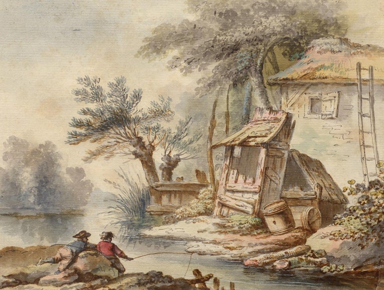 Jean Baptist Marie Huet - "Boys Fishing By a Mill", Aquarelle de maître ...