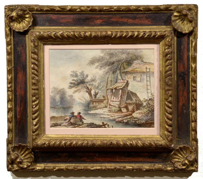 Jean Baptist Marie Huet - "Boys Fishing By a Mill", Aquarelle de maître ...
