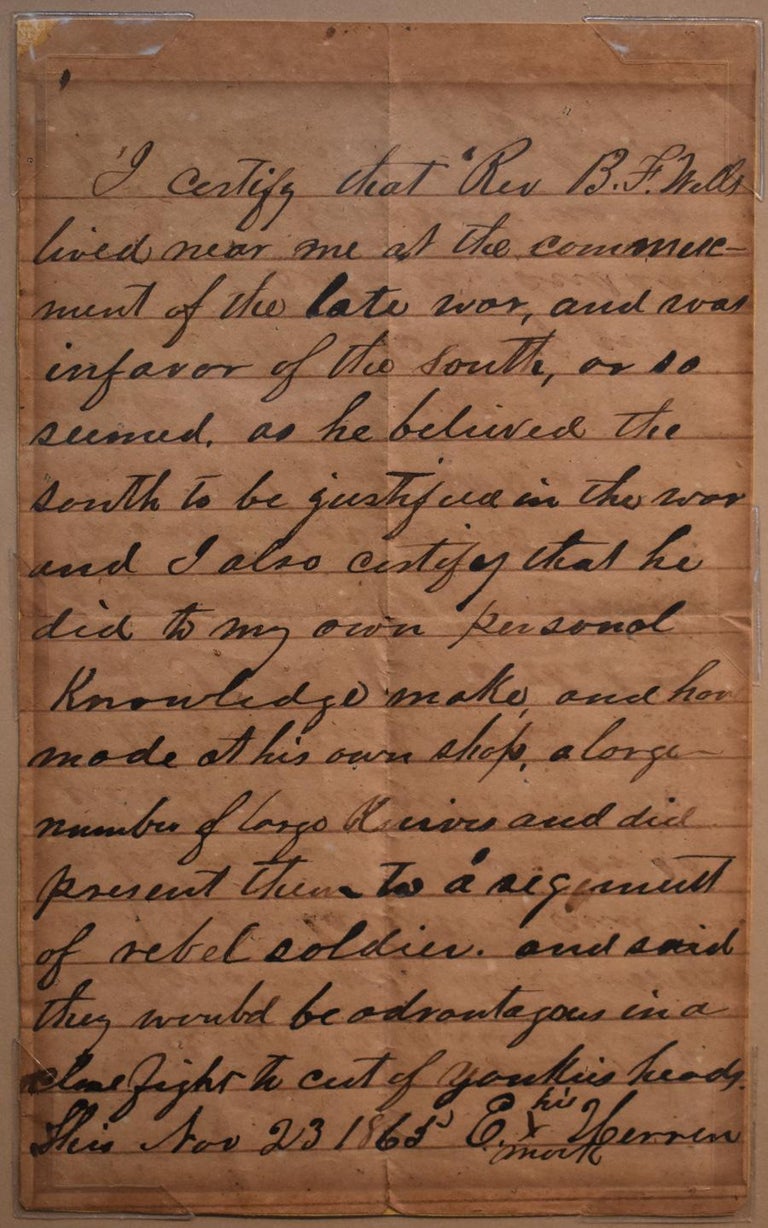 E. X. Yeomen - Nov. 23 1865 Confederate Letter concerning long knives ...