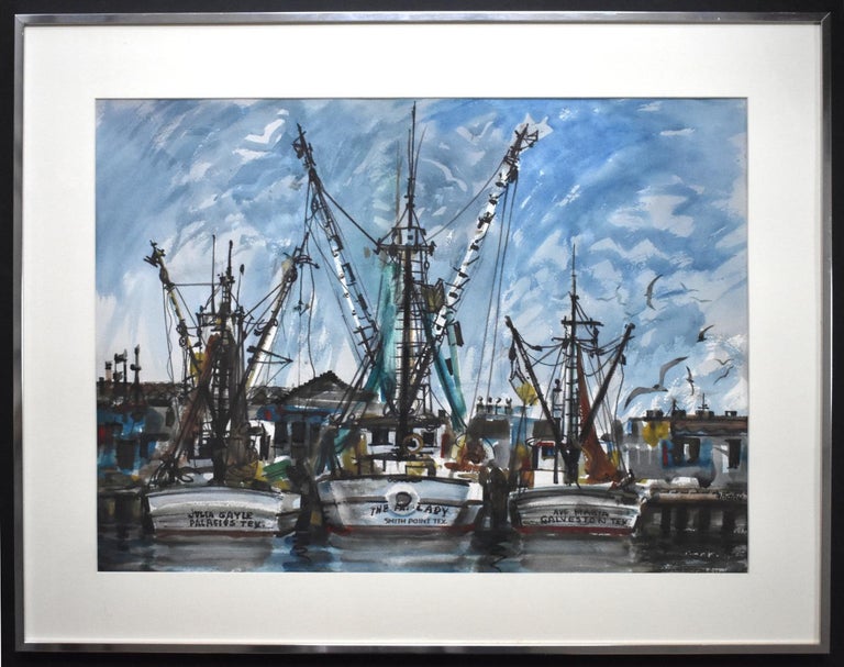 Michael Frary - "SHRIMP BOATS" TEXAS WATERCOLOUR MID CENTURY GALVESTON ...