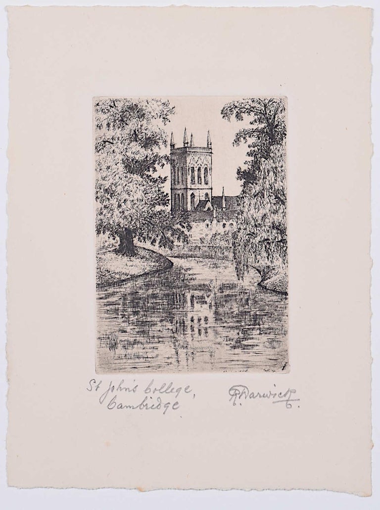 R Warwick - St John's College Cambridge etching R Warwick c. 1920 print ...